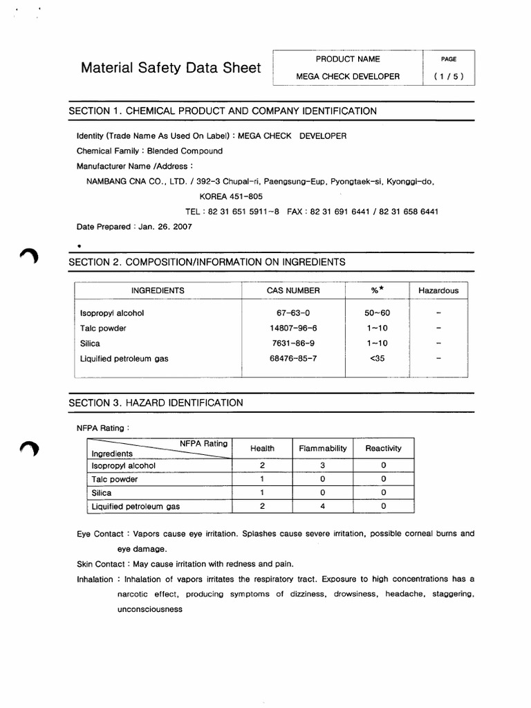 Material Safety Data Sheet Megacheck Developer | PDF | Waste Management ...