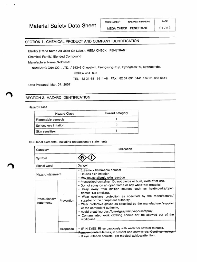 Material Safety Data Sheet Mega Check Penetrant | PDF | Fires | Chemistry