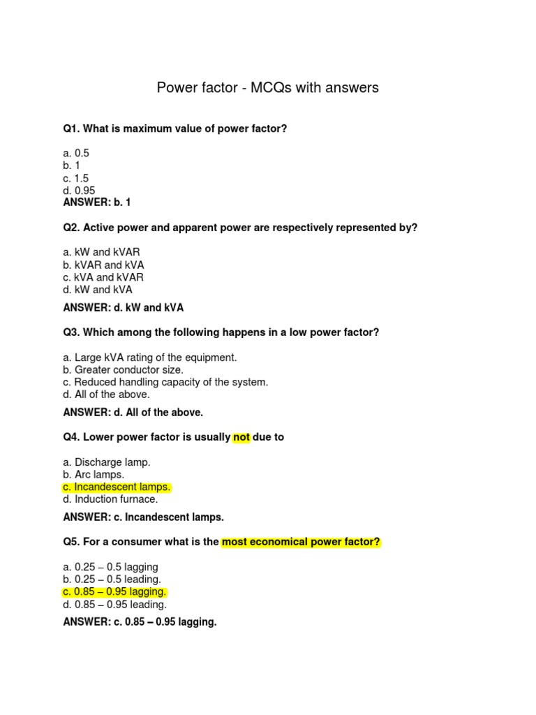 Power Factor MCQs | PDF | Electric Motor | Electric Power