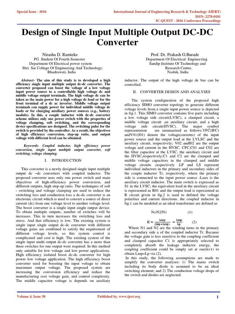 Design Of Single Input Multiple Output Dc Dc Converter Nirasha D