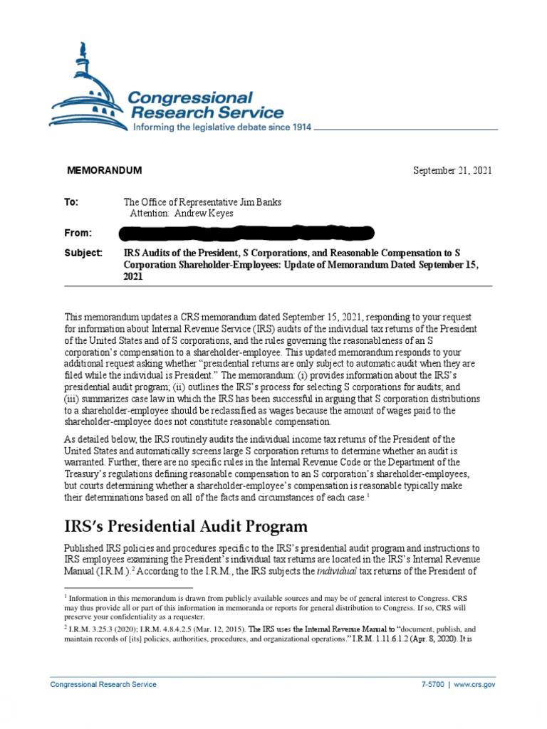 Updated Memorandum - IRS Audits of The President, S Corporations, and ...