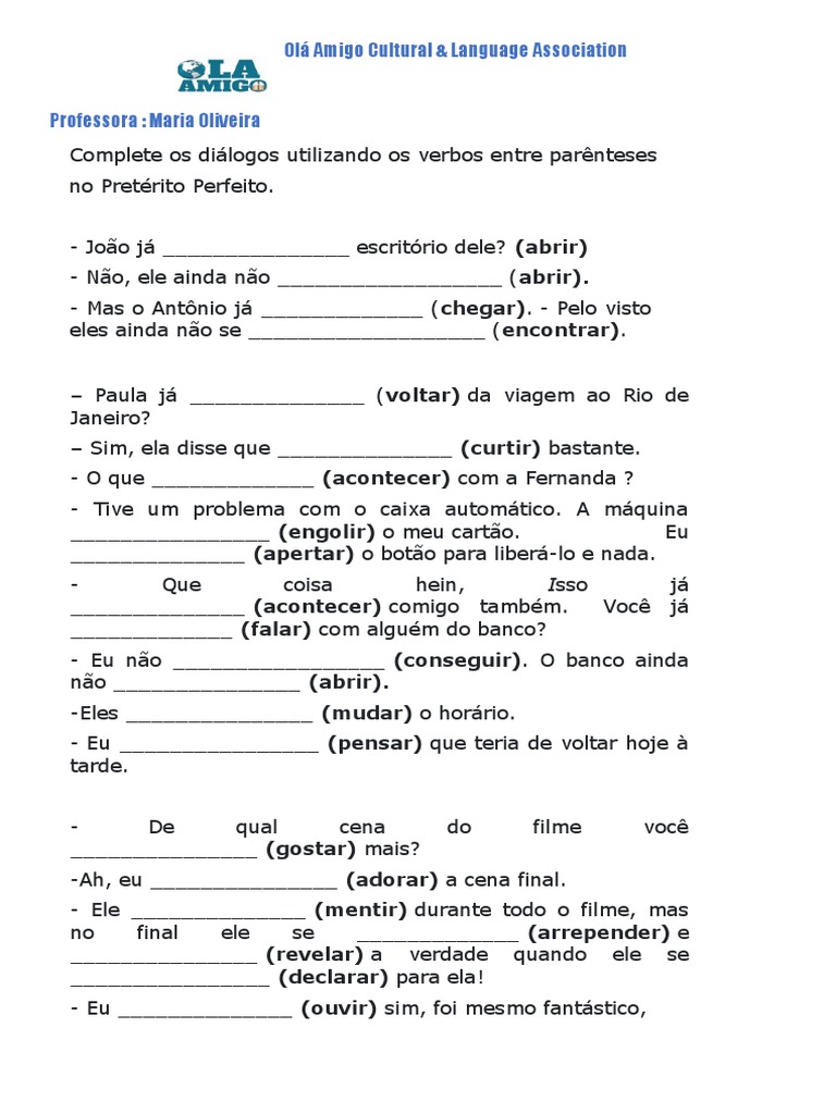 Pretérito Perfeito Exercicios Verbos Regulares Pdf