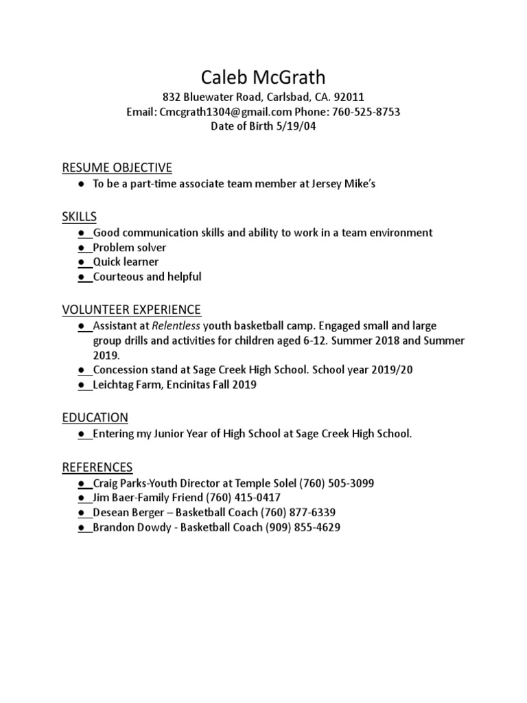 Caleb McGrath's Resume for Jersey Mike's | PDF