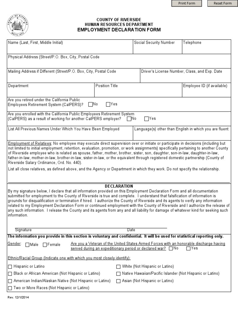 Employment Declaration Form: County of Riverside Human Resources ...