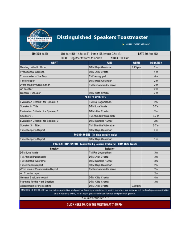 Toastmaster Meeting Agenda Template | PDF | Neuropsychological ...