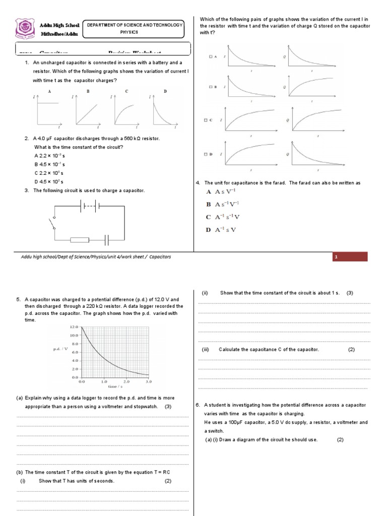 Capacitors Revision Worksheet: Addu High School Hithadhoo/Addu ...