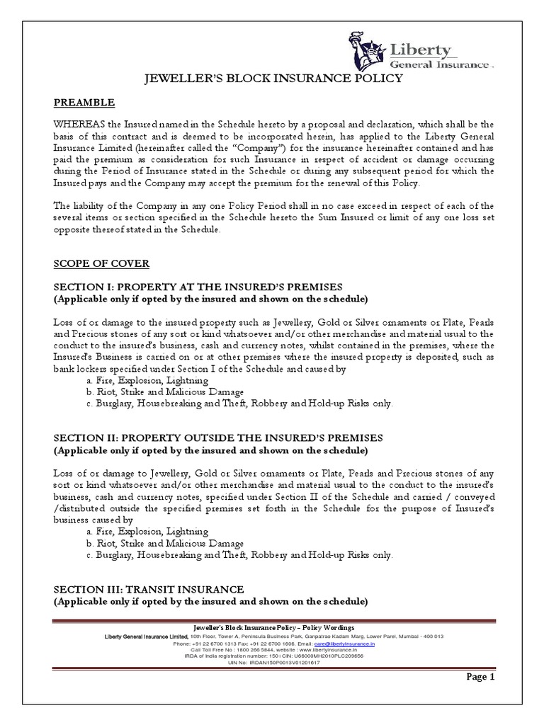 JEWELLER'S BLOCK INSURANCE POLICY - Policy Wordings | PDF | Insurance ...