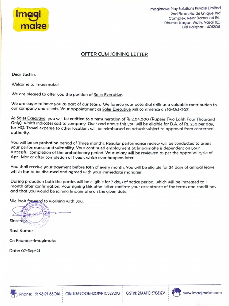 Offer Letter Sachin | PDF