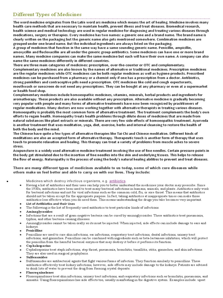 Different Types of Medicines: List of Antibiotics and Their Uses | PDF ...