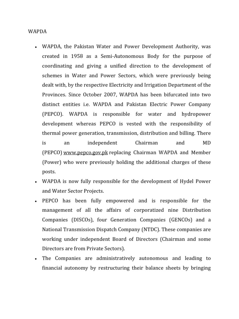Reorganizing Pakistan's Power Sector: An Overview of WAPDA's ...