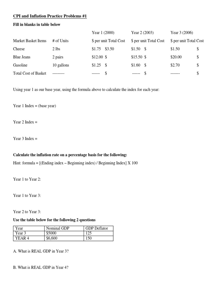 CPI and Inflation Practice Problems - 1 | PDF | Inflation | Interest