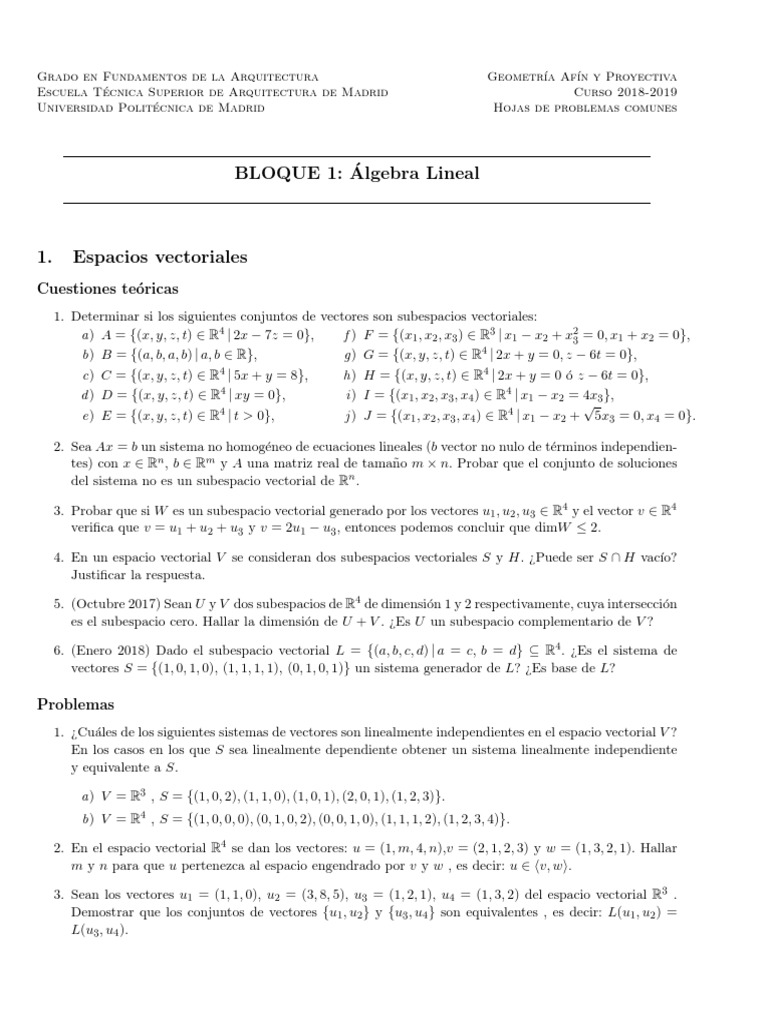 Bloque 1 EJERCICIOS | PDF | Espacio vectorial | Base (álgebra lineal)