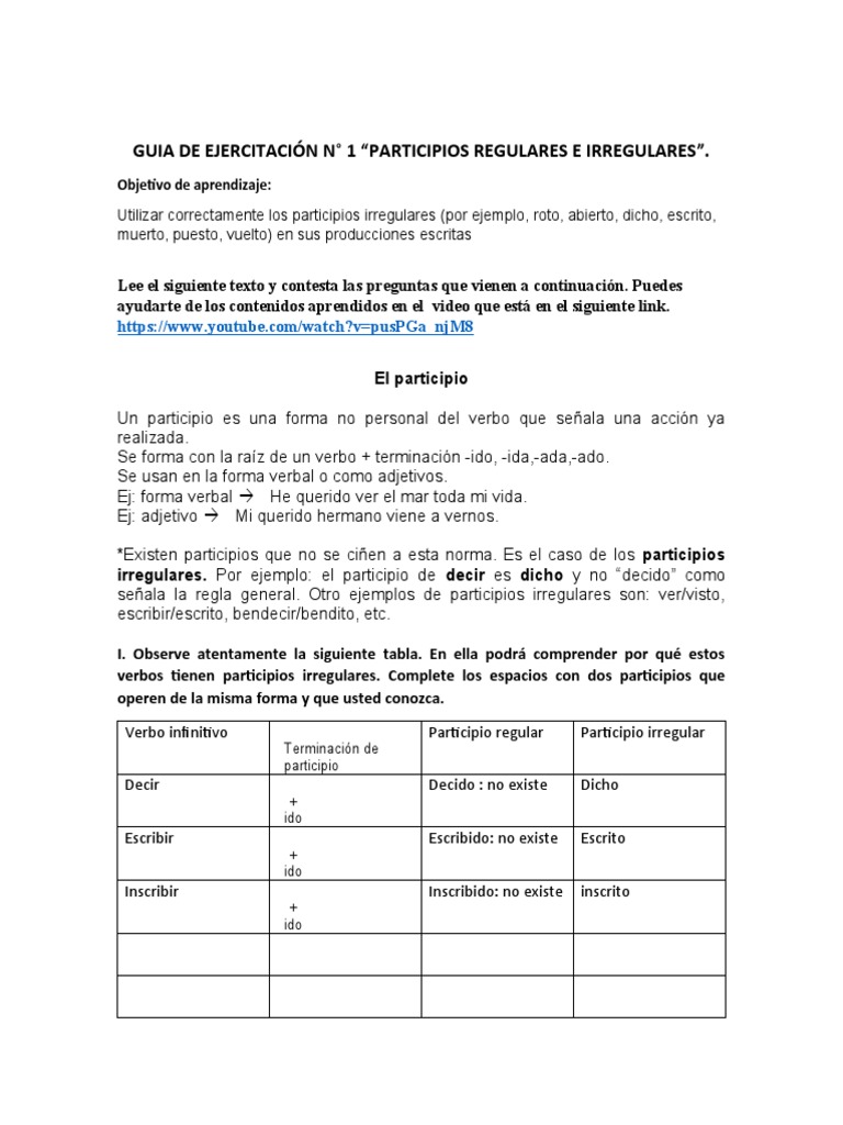 GUÍA 1 participios | PDF | Verbo | Sintaxis
