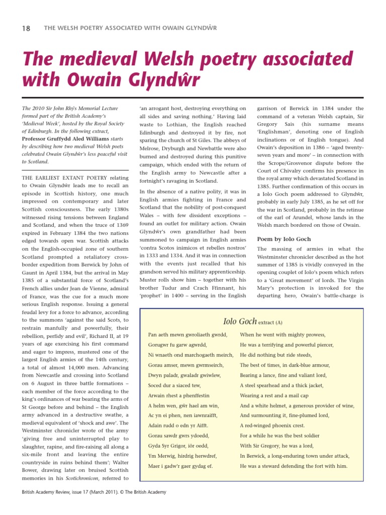 The Medieval Welsh Poetry Associated With Owain Glyndwr | PDF | Wales