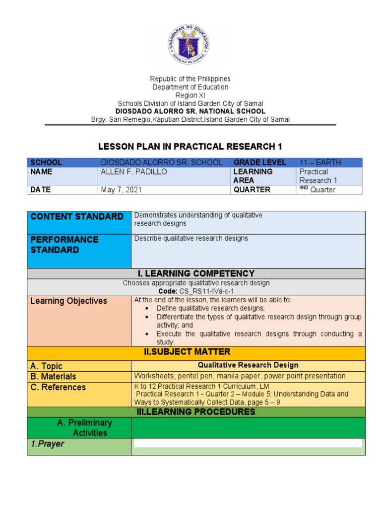 Lesson Plan in Practical Research 1 | PDF | Qualitative Research ...