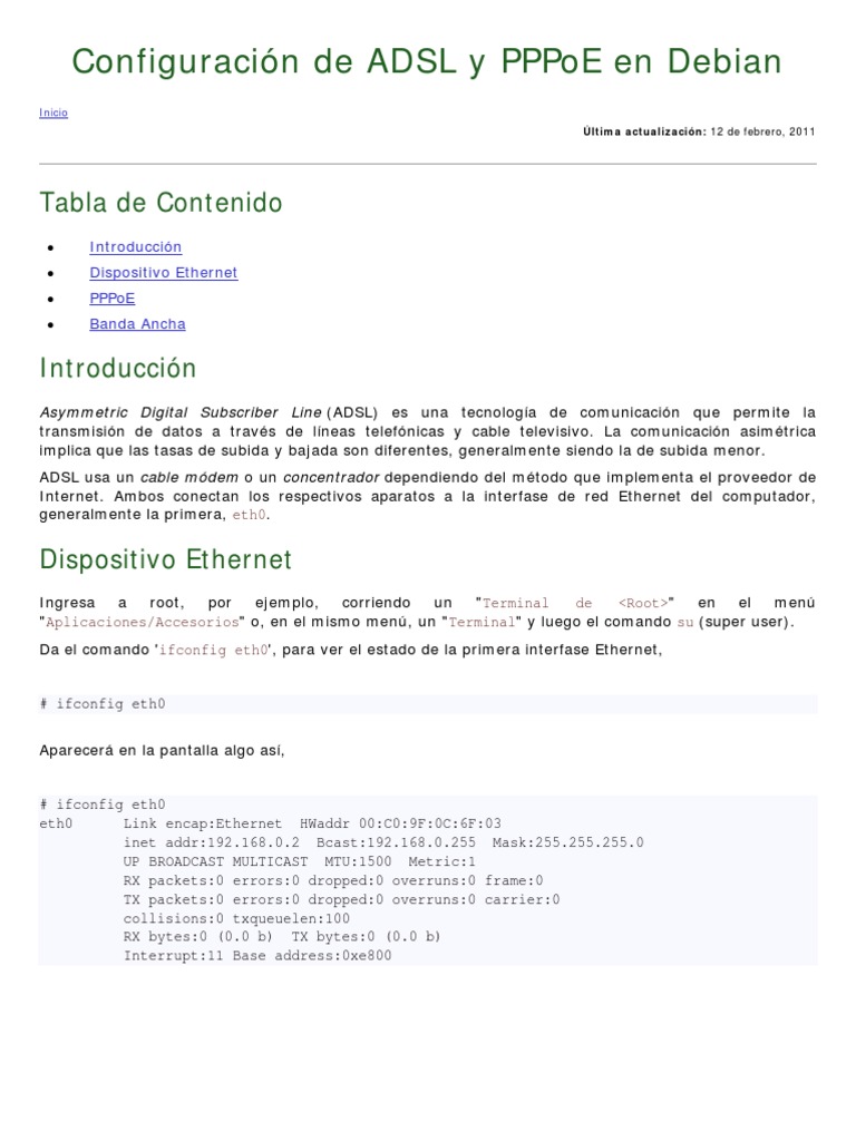 Configuración de ADSL - PPPoE y Ethernet en Debian | PDF | Dirección IP | Protocolos de internet