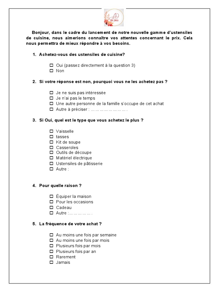 Questionnaire sur ustensiles de cuisine | PDF