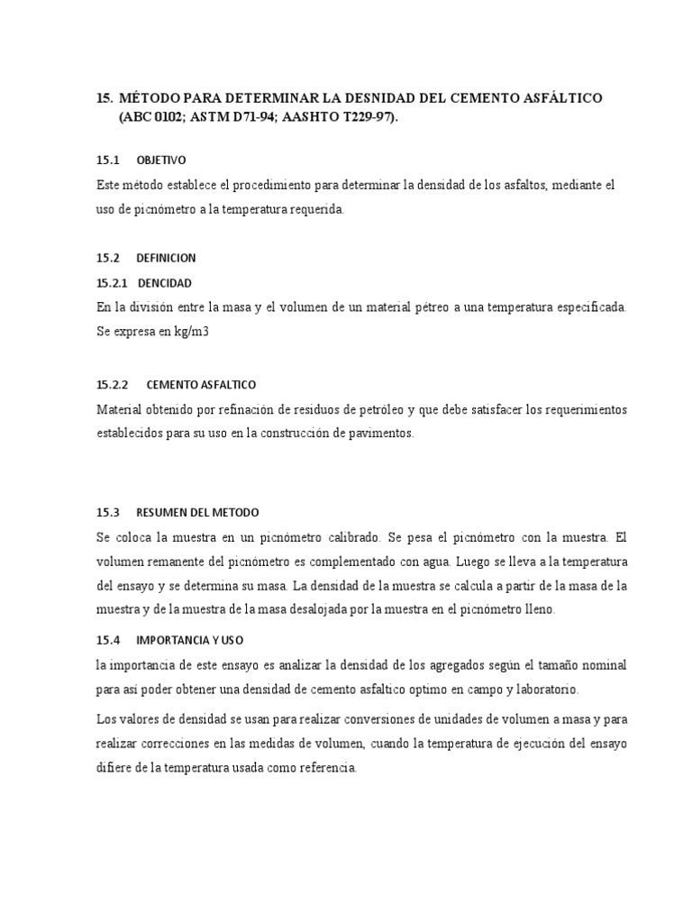 Densidad del Cemento Asfáltico ASTM D71 | PDF | Densidad | Agua