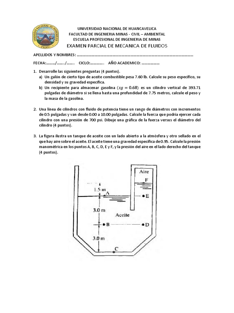 Examen Parcial de Mecanica de Fluidos Minas 2021-I | PDF