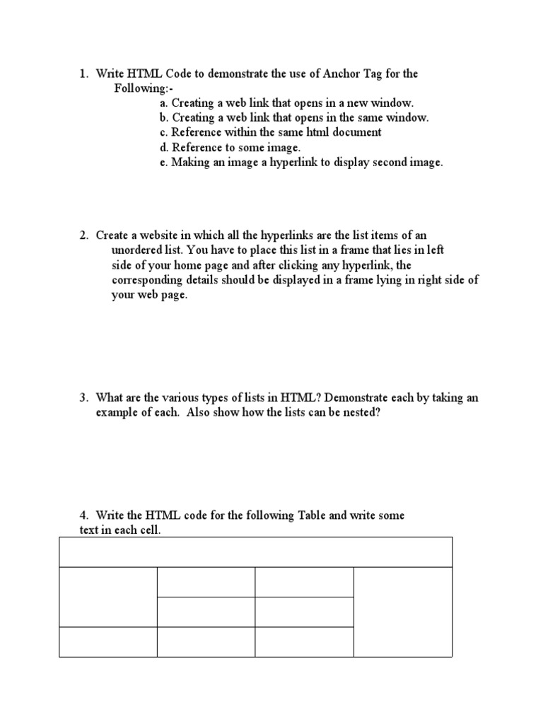 HTML Practical Questions List 14-5-13 | PDF | Hyperlink | Html