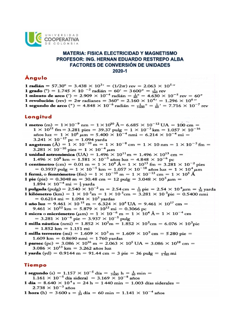 Tablas Unidades y Factores de Conversion | PDF