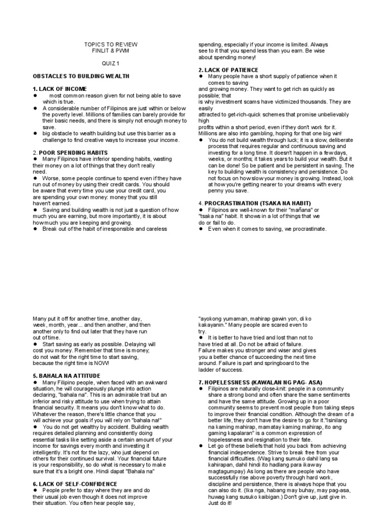 Topics To Review Finlit Quiz 1 | PDF | Wealth | Personal Finance
