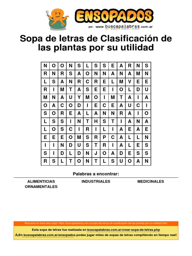 Sopa de Letras de Clasificación de Las Plantas Por Su Utilidad | PDF