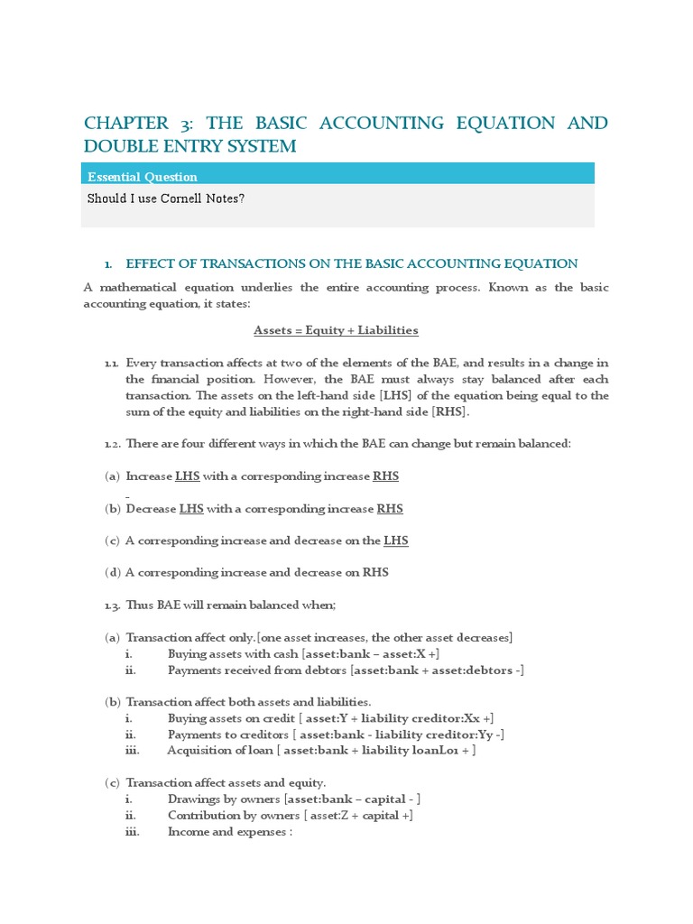 Chapter 3: The Basic Accounting Equation and Double Entry System ...