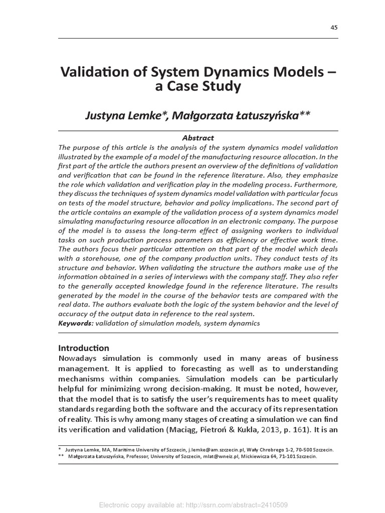 Validation of System Dynamics Models - A Case Study: Justyna Lemke, Małgorzata Łatuszyńska | PDF ...