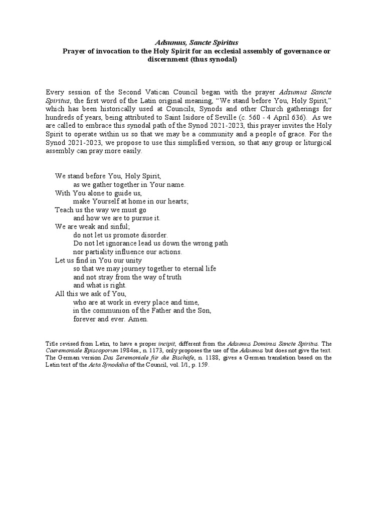 Synodal Prayer: Adsumus Sancte Spiritus | PDF