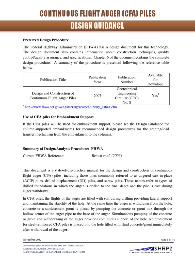 Continuous Flight Auger (Cfa) Piles: Design Guidance | PDF | Deep ...