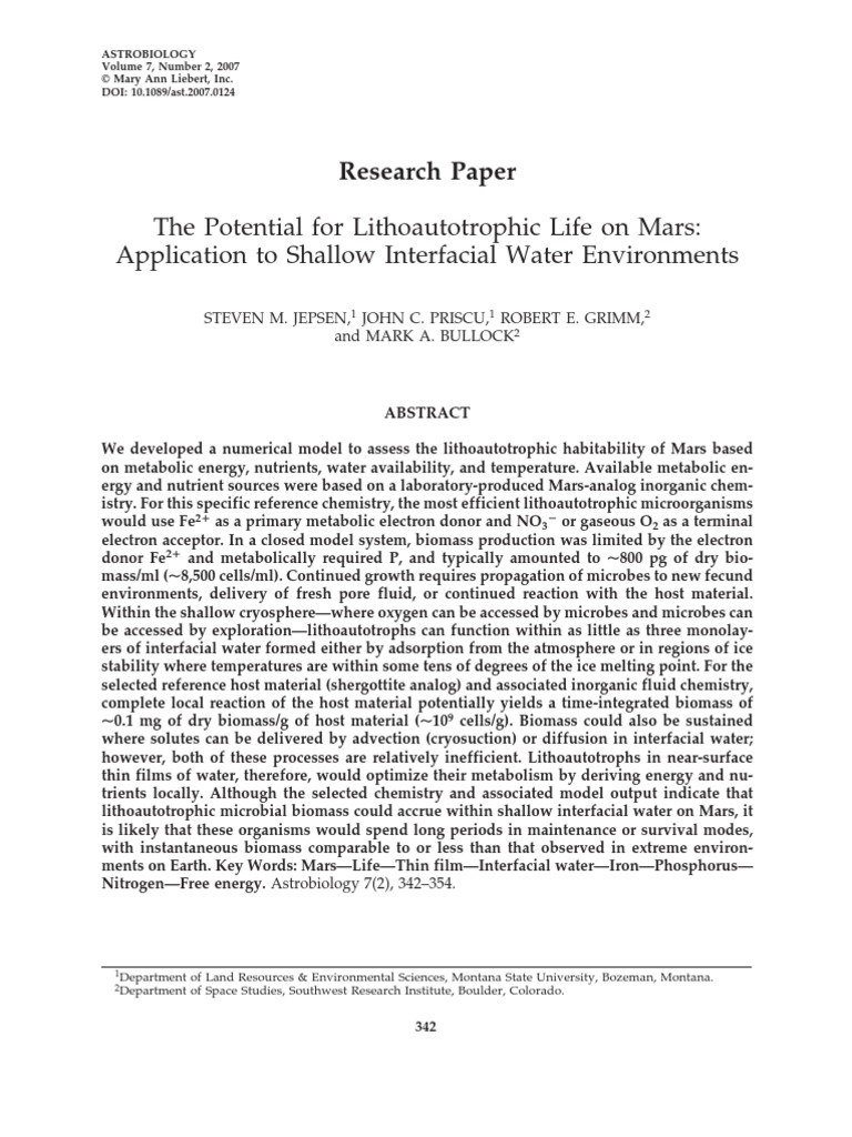 The Potential For Lithoautotrophic Life On Mars: Application To Shallow ...