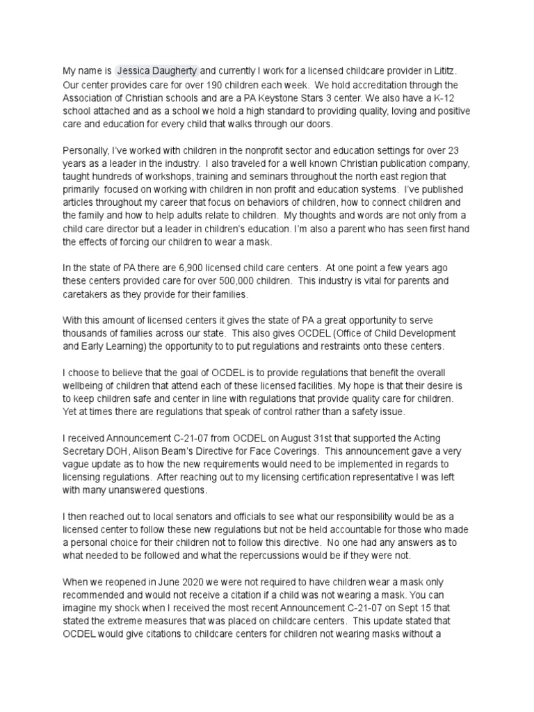 Testimony - Jessica Daugherty of Lititz Christian School and Early ...