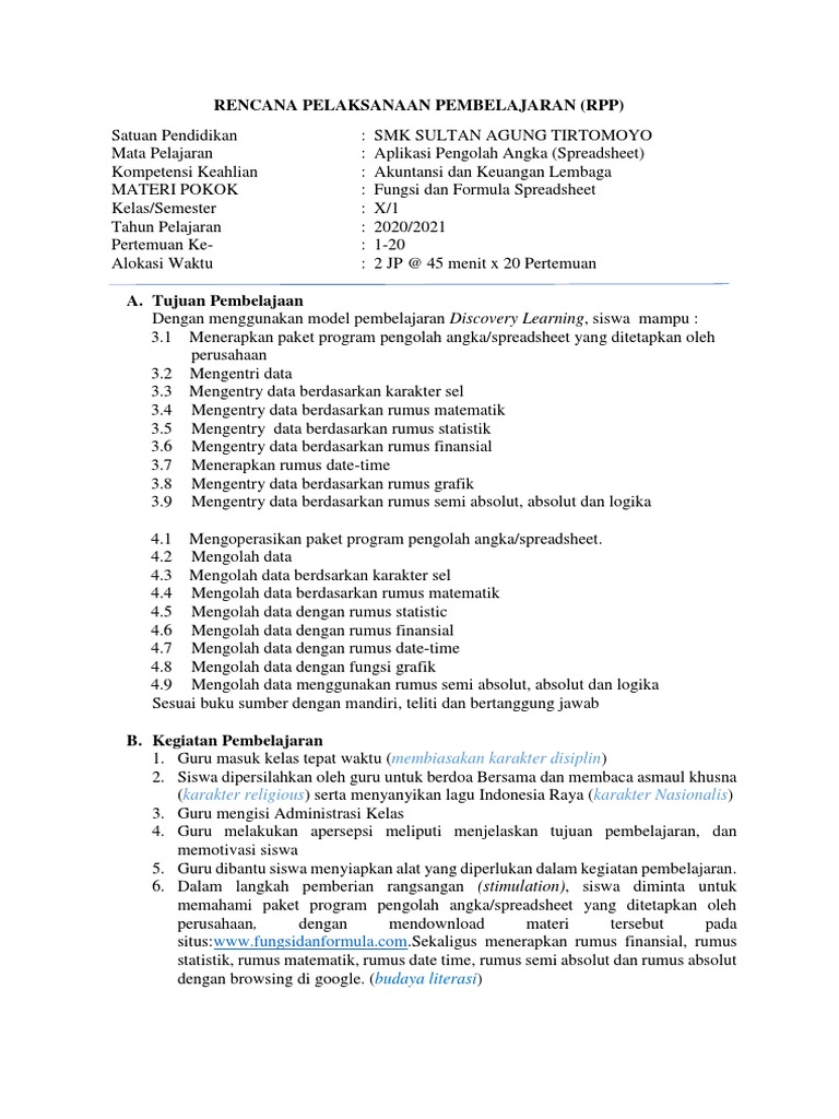 RENCANA PELAKSANAAN PEMBELAJARAN (RPP) - Aplikasi Pengolah Angka (Spreadsheet) - Fungsi Dan ...