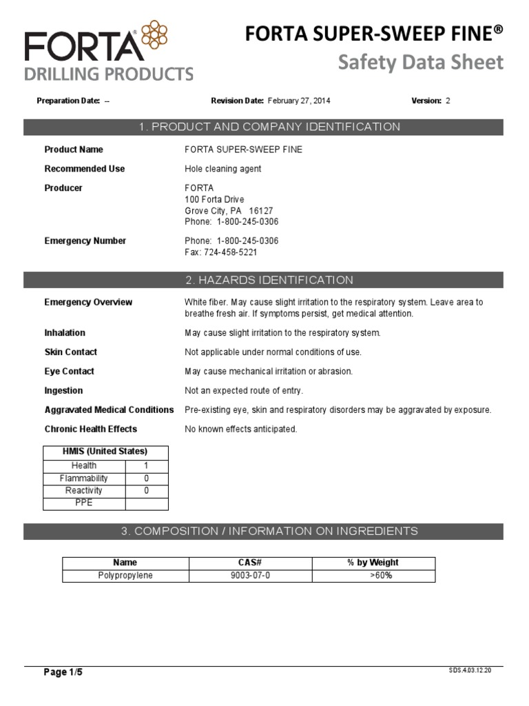 Forta Super-Sweep Fine®: Safety Data Sheet | PDF | Materials | Working ...