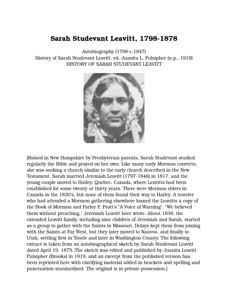 Sarah Studevant Leavitt 1798-1878 | Download Free PDF | Baptism | The ...