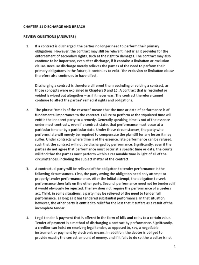 Chapter 11 Discharge and Breach Review Questions (Answers) | PDF ...