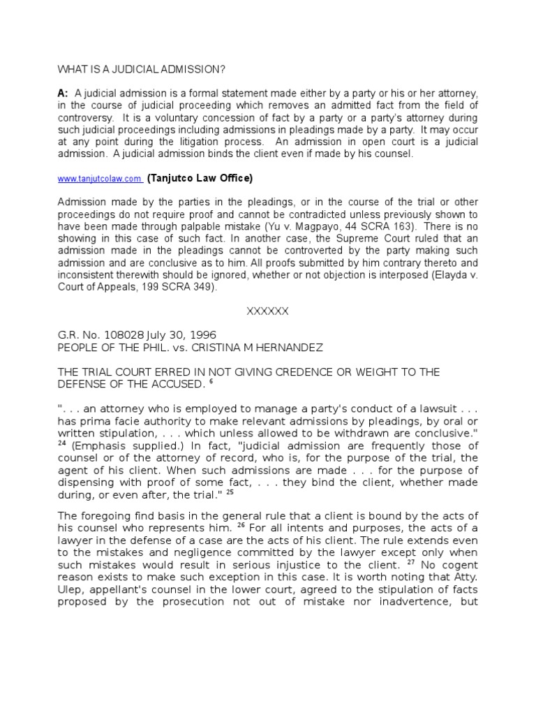 Judicial Admission | PDF | Evidence (Law) | Pleading