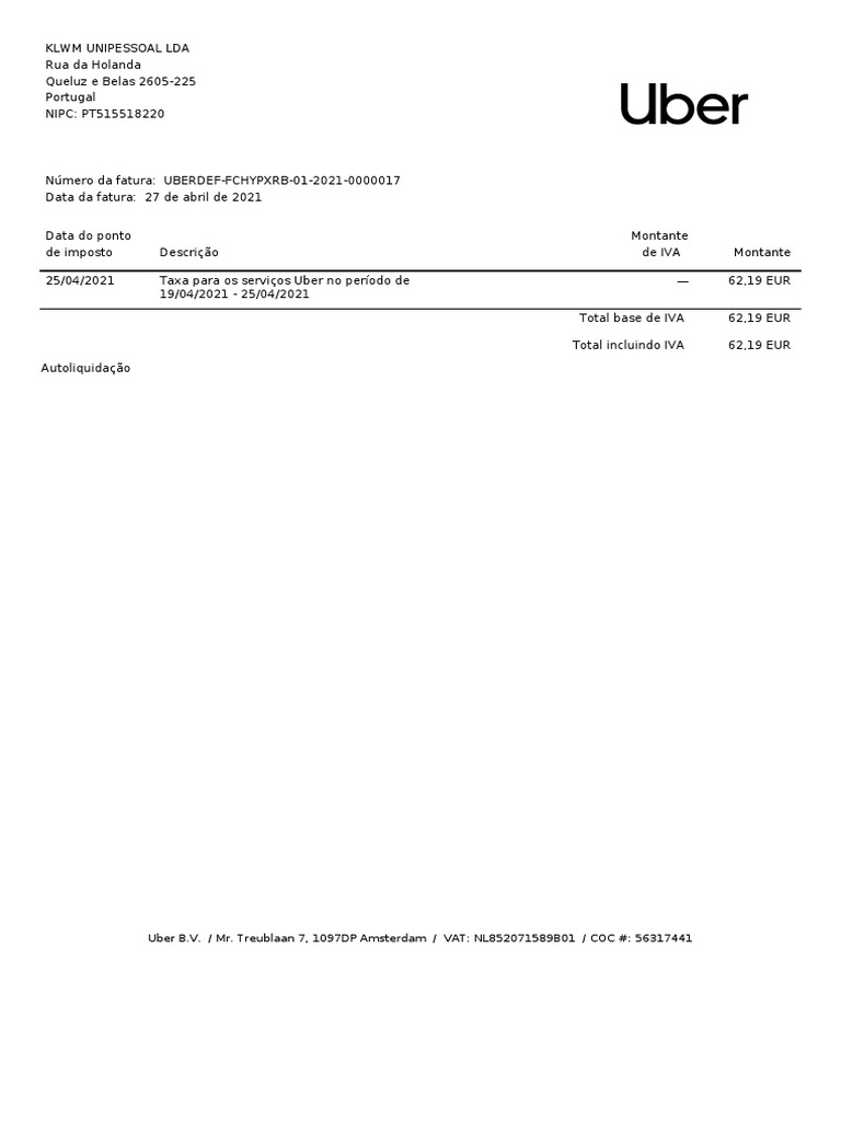 Fatura Uber PT serviços Abril 2021 | PDF