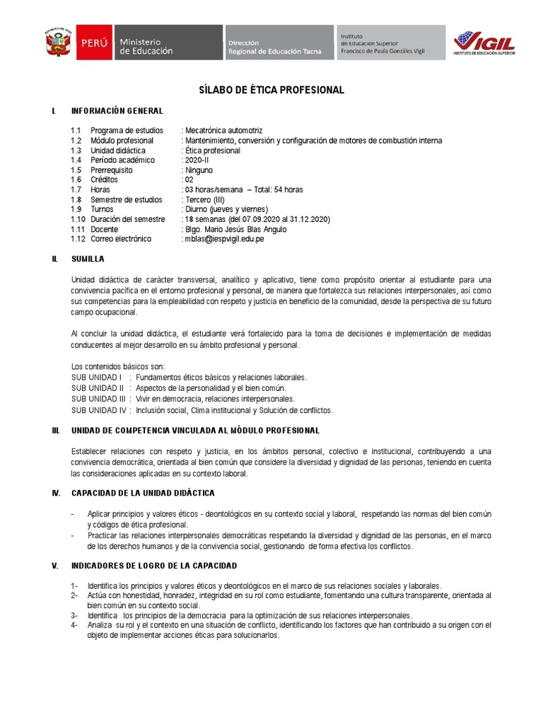 Sílabo 2020-II - Vigil - MA - Diurno - Ética Profesional - Mario Jesús ...