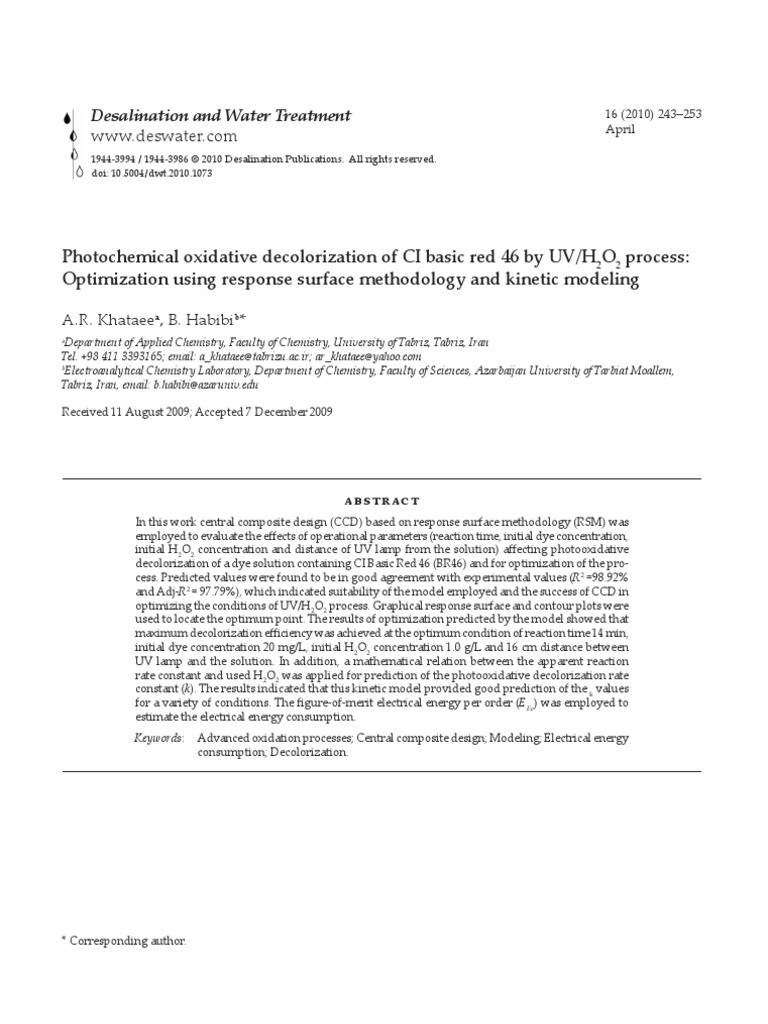 Photochemical Oxidative Decolorization of CI Basic Red 46 by UV/H O ...