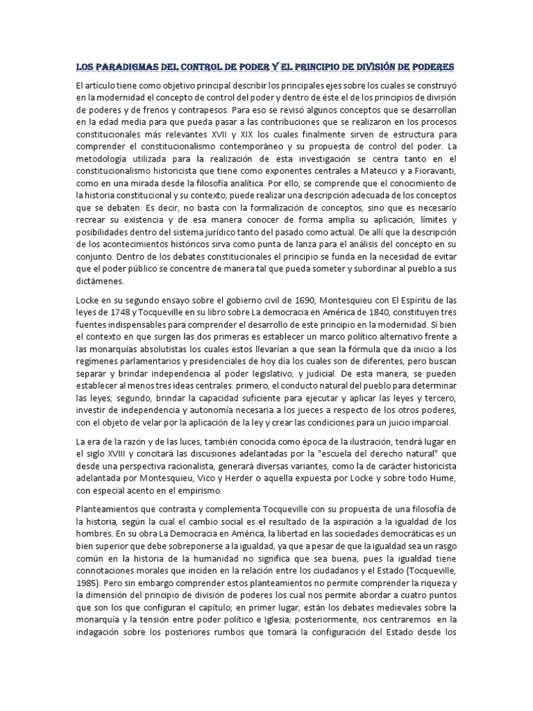 Los Paradigmas Del Control de Poder y El Principio de División de ...