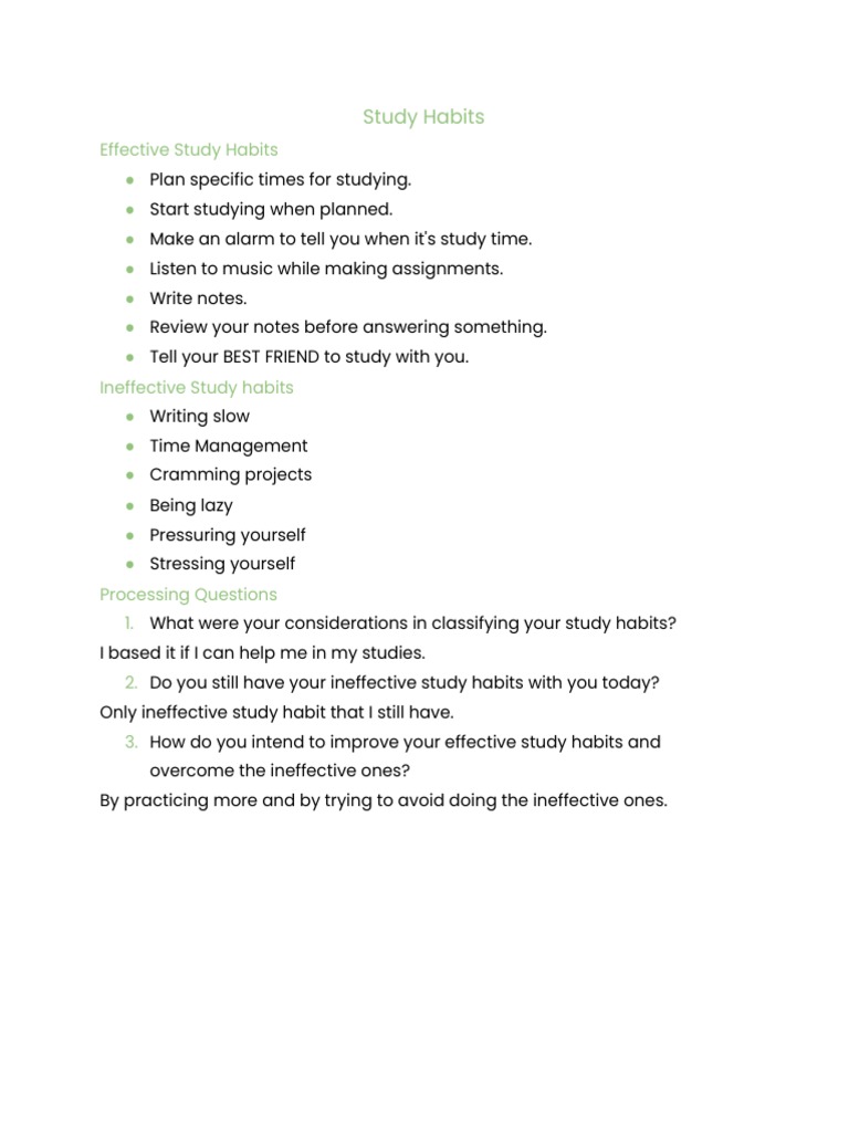 Effective Study Habits Ineffective Study Habits Processing Questions 1 ...