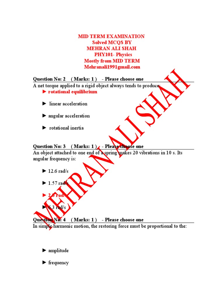 Mid Term Examination Solved MCQS BY Mehran Ali Shah PHY101-Physics Mostly From MID TERM | PDF ...