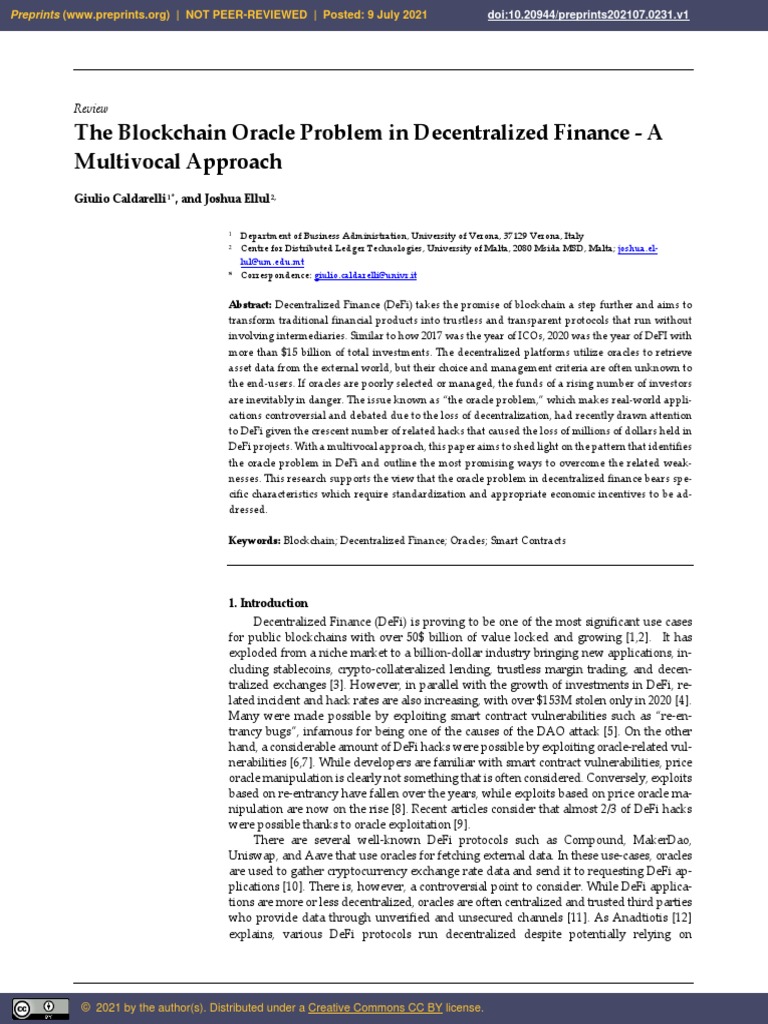 The Blockchain Oracle Problem In Decentralized Finance A Multivocal Approach Pdf Databases