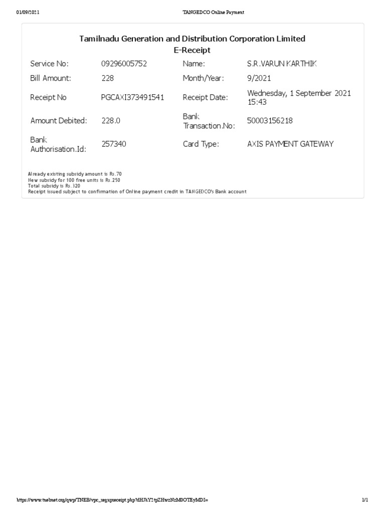 TANGEDCO Online Payment Receipt - Sep 2021 | PDF | Finance & Money ...