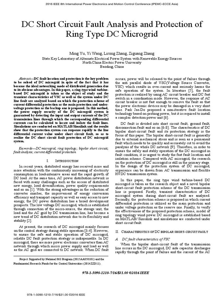 Dc Short Circuit Fault Analysis And Protection Of Ring Type Dc Microgrid Pdf Power