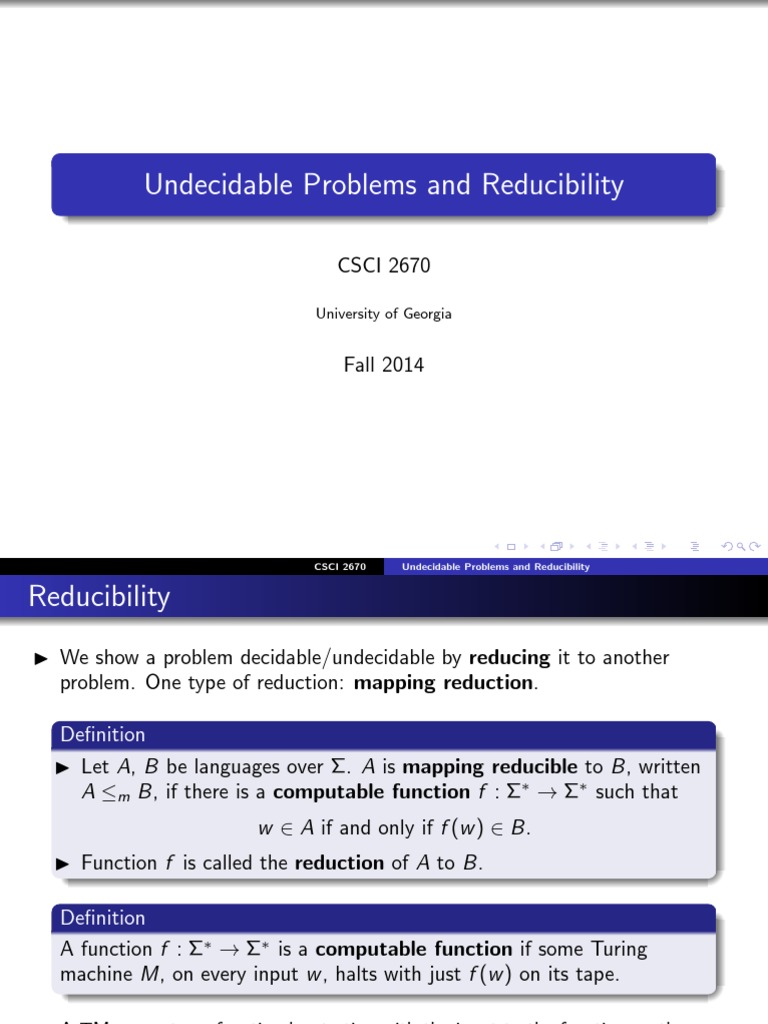 Undecidable Problems and Reducibility: CSCI 2670 | PDF | Automata Theory | Computer Science