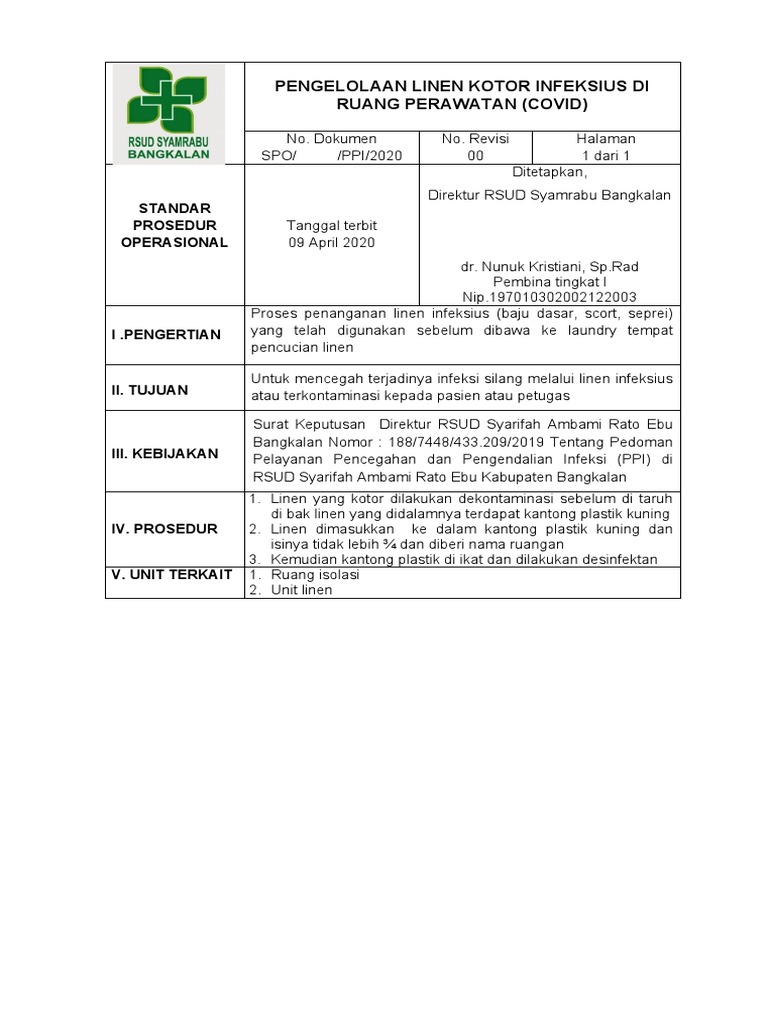 Sop Pengelolaan Linen Kotor Infeksius | PDF