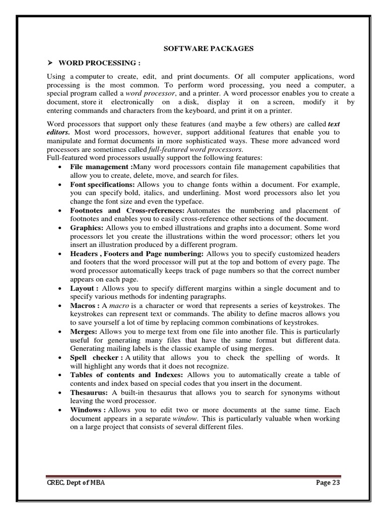 Editors. Most Word Processors, However, Support Additional Features That Enable You To | PDF ...